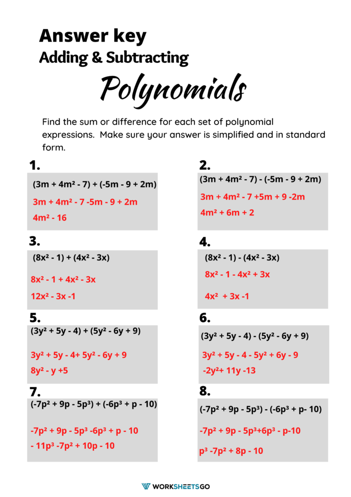 Adding And Subtracting Polynomials Worksheets WorksheetsGO