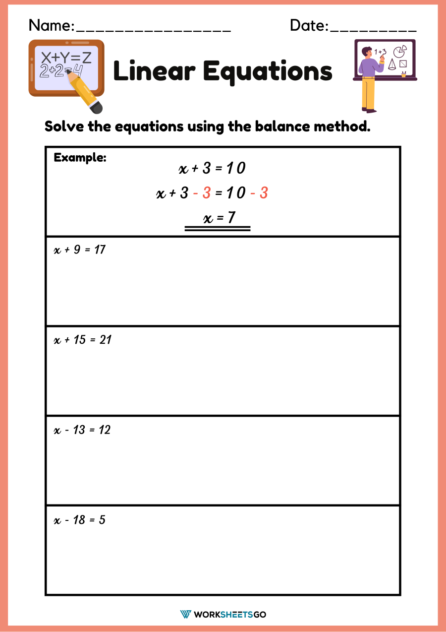 Linear Equations Using The Balance Method Worksheets WorksheetsGO Linear Equations Using The Balance Method Worksheets WorksheetsGO