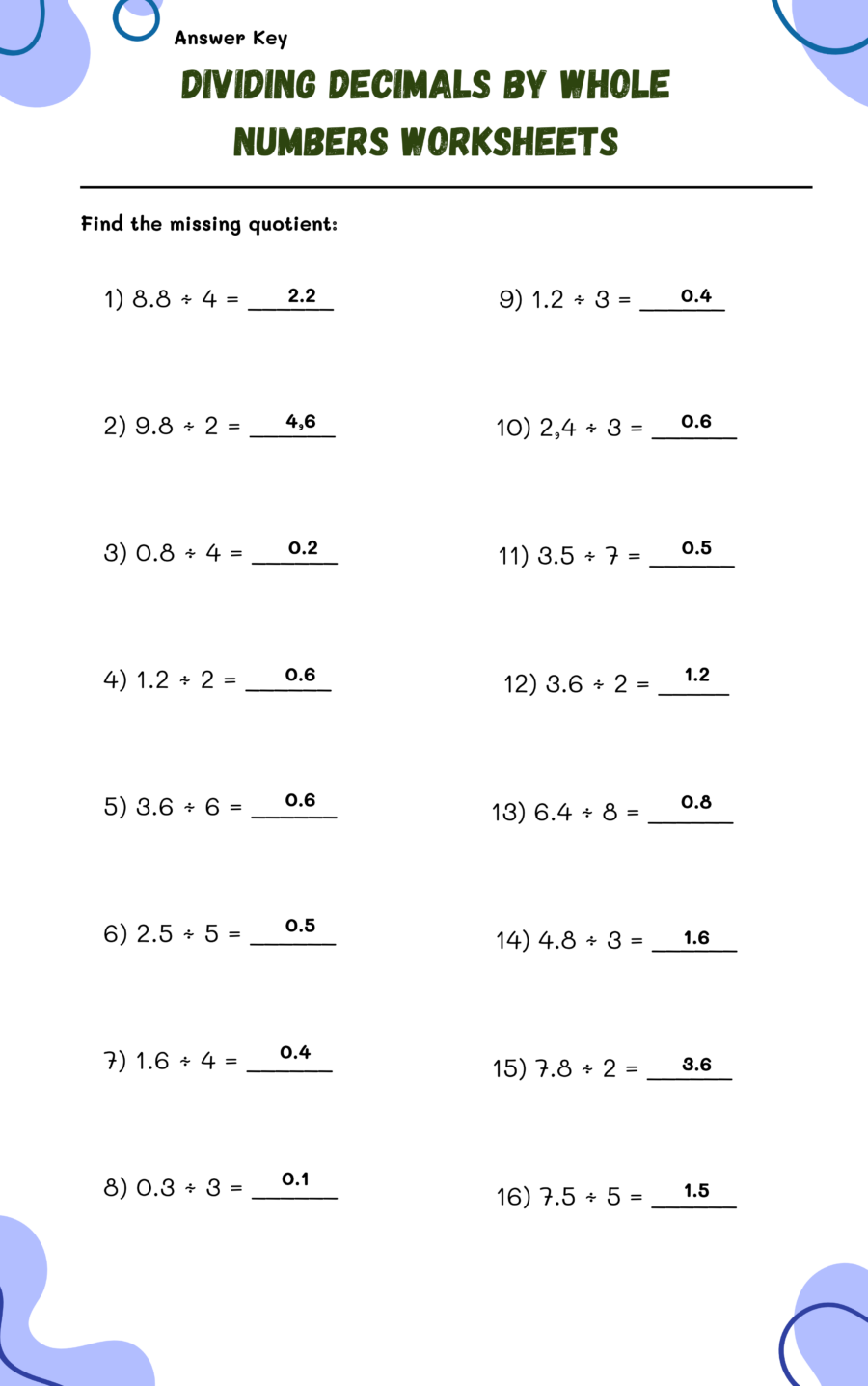 Dividing Decimals By Whole Numbers Worksheets WorksheetsGO